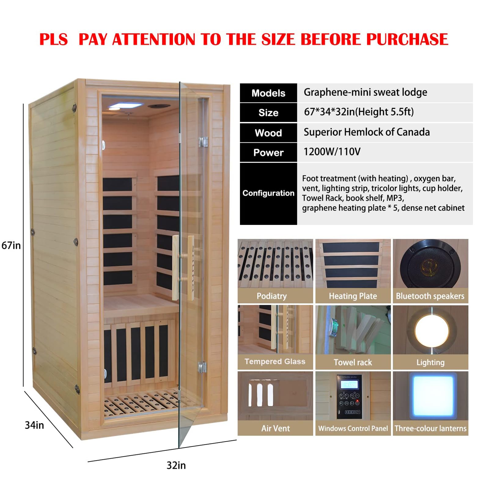 Infrared Home Sauna Room 1-2 Person Hemlock Wooden Indoor Sauna Spa，1200W/110V Low EMF Heaters,10 Minutes Pre-Warm up,Time and Temp Pre-Set, New Year Gifts