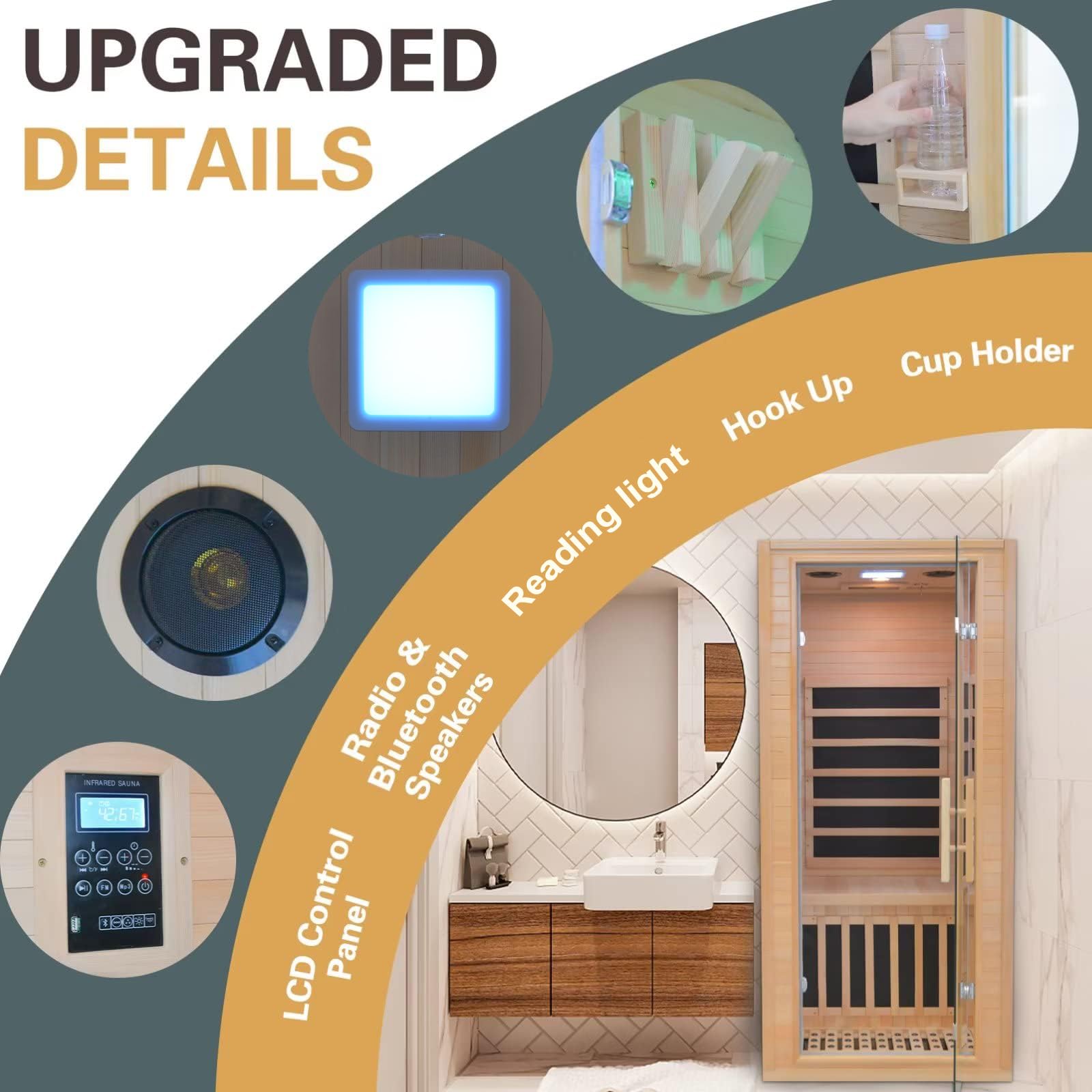 Infrared Home Sauna Room 1-2 Person Hemlock Wooden Indoor Sauna Spa，1200W/110V Low EMF Heaters,10 Minutes Pre-Warm up,Time and Temp Pre-Set, New Year Gifts