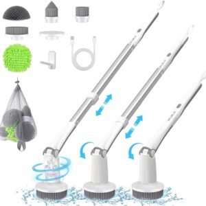 600RPM Electric Spin Scrubber, BIUBLE Cordless Cleaning Brush with Adjustable Long Handle, 5 Upgrade Replaceable Brush Heads & Velcro, Bathroom Shower Cleaning Scrubber for Bathtub Grout Tile Floor