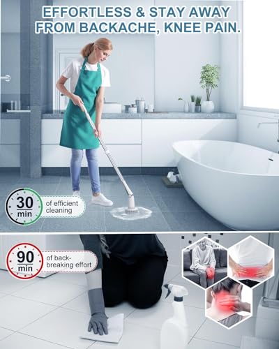 600RPM Electric Spin Scrubber, BIUBLE Cordless Cleaning Brush with Adjustable Long Handle, 5 Upgrade Replaceable Brush Heads & Velcro, Bathroom Shower Cleaning Scrubber for Bathtub Grout Tile Floor