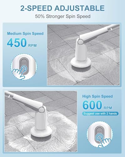 600RPM Electric Spin Scrubber, BIUBLE Cordless Cleaning Brush with Adjustable Long Handle, 5 Upgrade Replaceable Brush Heads & Velcro, Bathroom Shower Cleaning Scrubber for Bathtub Grout Tile Floor