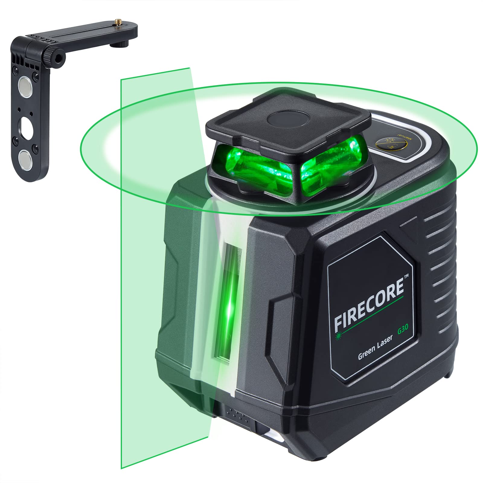 Laser Level, Firecore 360° Green Self Leveling Cross Line Laser Level with Horizontal and Vertical Lines for Picture Hanging Construction, Magnetic Bracket, 4AA Batteries&Carry Pouch Included - G30