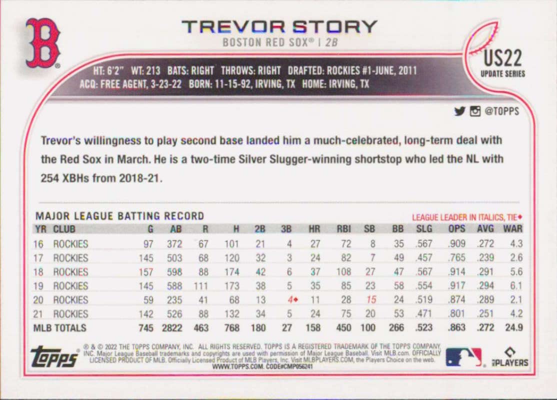 2022 Topps Update #US22 Trevor Story NM-MT Boston Red Sox Baseball