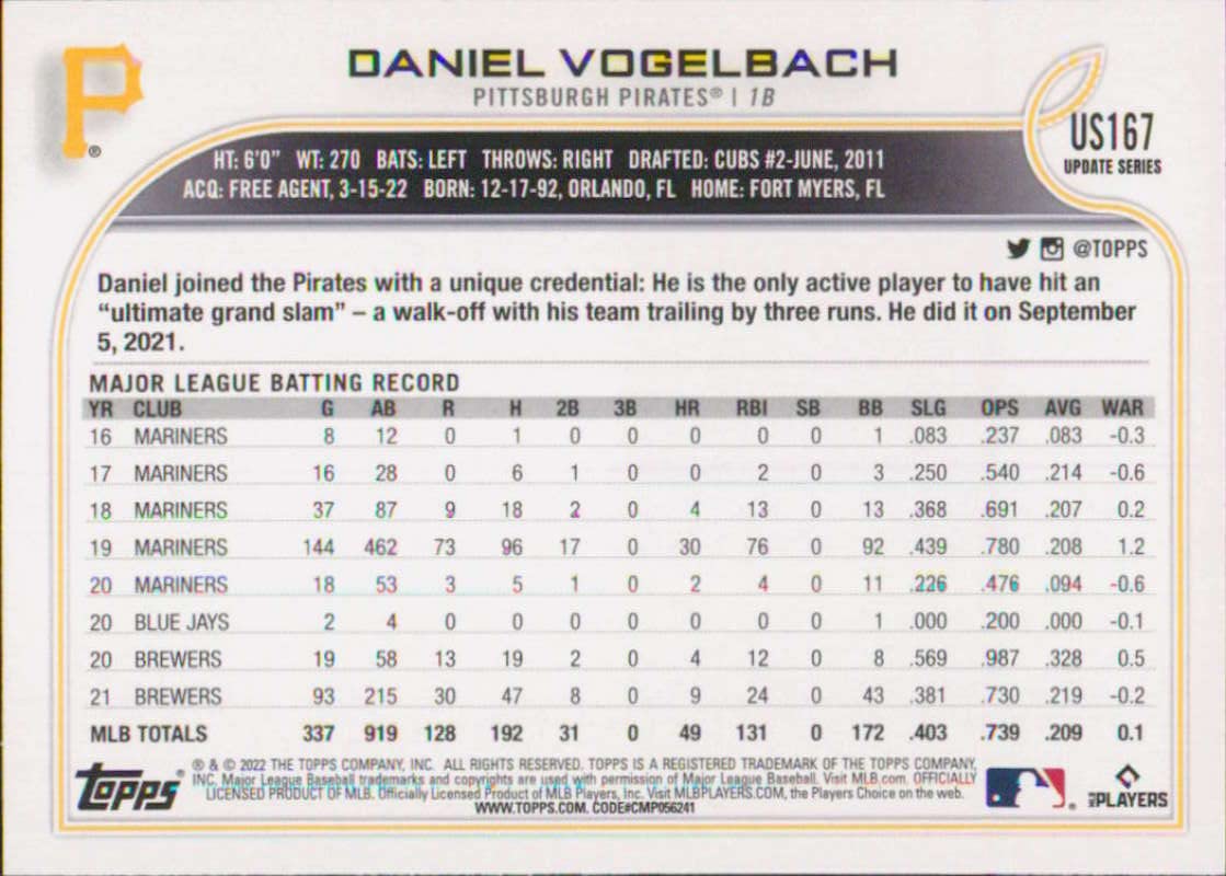 2022 Topps Update #US167 Daniel Vogelbach NM-MT Pittsburgh Pirates Baseball