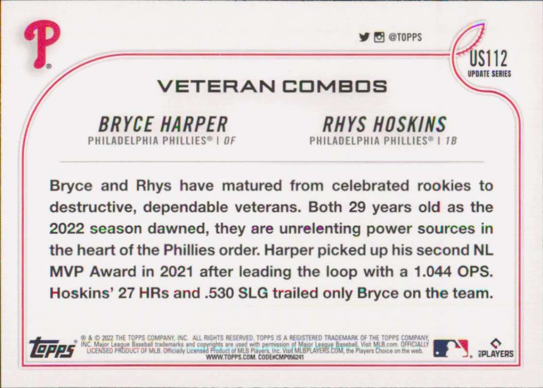 2022 Topps Update #US112 Rhys Hoskins/Bryce Harper NM-MT Philadelphia Phillies Baseball