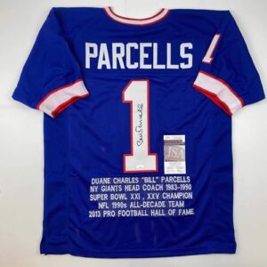 autographed/signed bill parcells new york blue stat football jersey jsa coa