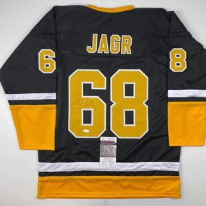 autographed/signed jaromir jagr pittsburgh black hockey jersey jsa coa