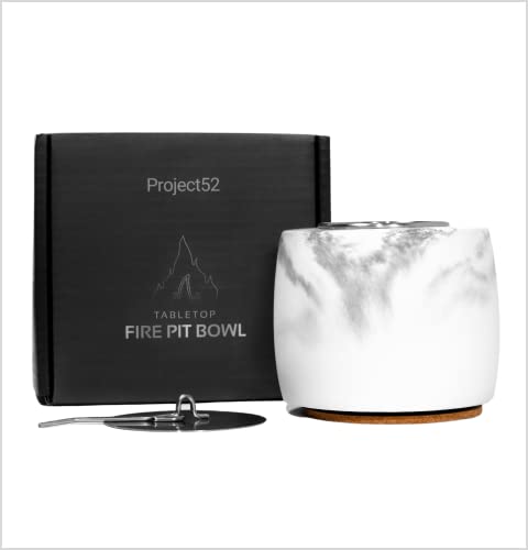 Project52 White Marble Tabletop Fire Pit Bowl - Indoor Outdoor Fire Pit Table Top - Indoor Fire Pit Bowl - Indoor S'Mores Maker - Mini Fire Pit for Table - Mini Smores Fire Pit