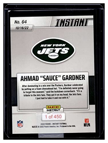 AHMAD SAUCE GARDNER RC 2022 Panini Instant /450 ROOKIE #64 Jets MT-MT+ NFL Football