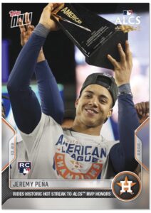 2022 topps now jeremy peña #1132- rookie rides historic hot streak to alcs mvp honors- rc baseball trading card- houston astros. shipped in protective screwdown holder.