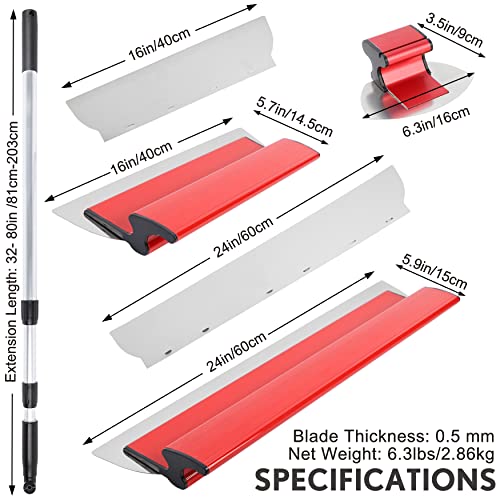 Crystmetal Drywall Skimming Blade Set 16" /24" Blades + 32"-80" Extension Handle + Arc Scraper, Wall-Board with enhanced 0.5mm Stainless Steel Knife