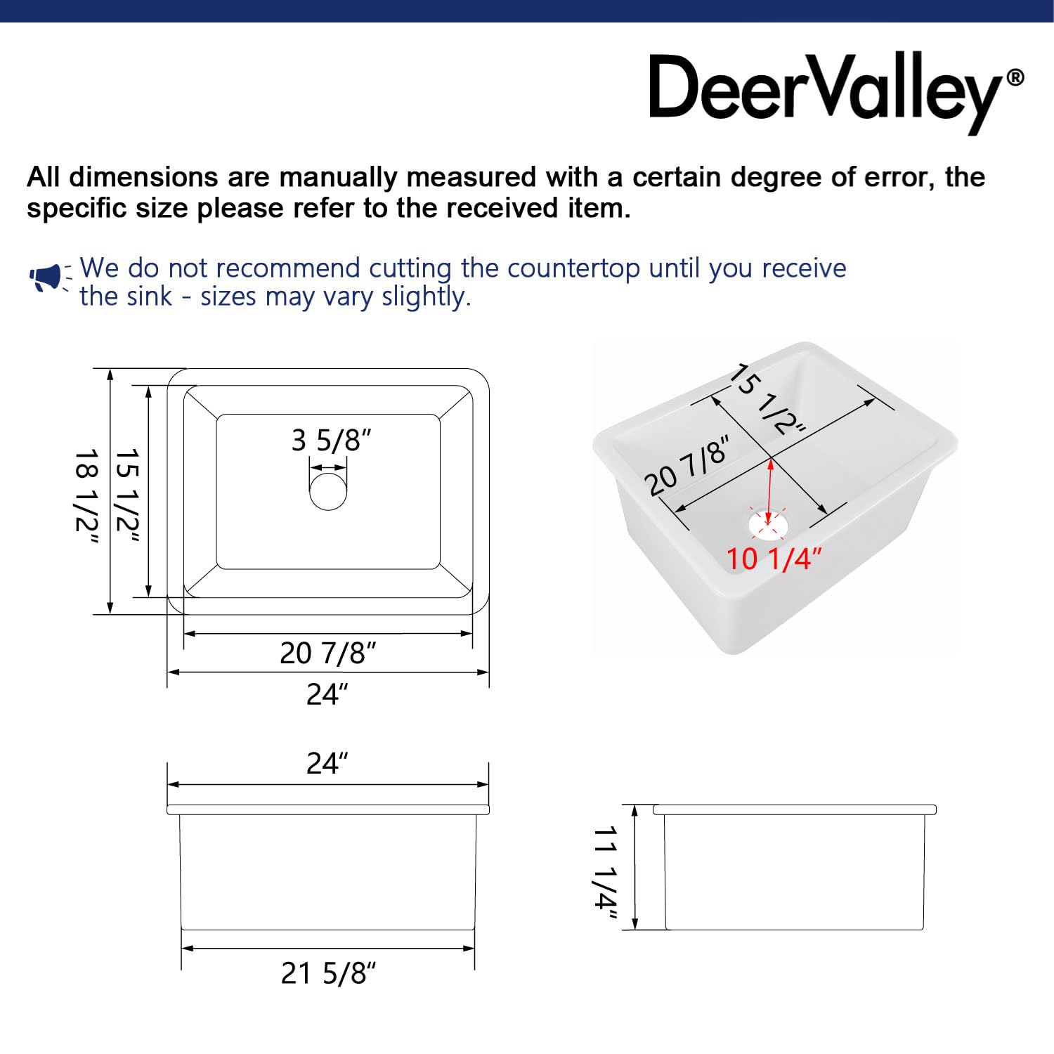 Single Bowl Drop in Kitchen Sink DeerValley DV-1K515 Glen 24" L x 18" W Fireclay Undermount Kitchen Sink White Deep Bowl Sink with Sink Grid and Basket Strainer