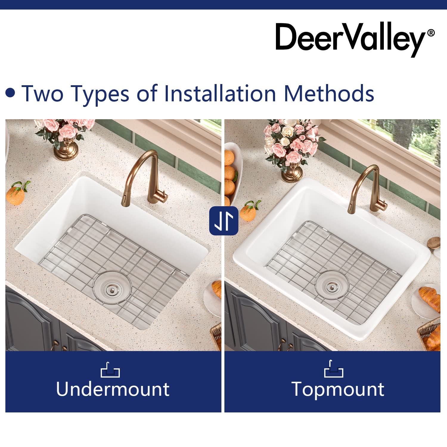 Single Bowl Drop in Kitchen Sink DeerValley DV-1K515 Glen 24" L x 18" W Fireclay Undermount Kitchen Sink White Deep Bowl Sink with Sink Grid and Basket Strainer