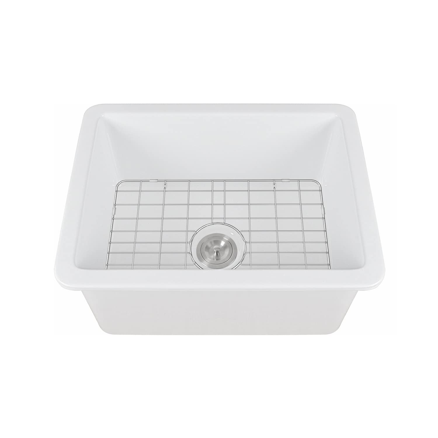 Single Bowl Drop in Kitchen Sink DeerValley DV-1K515 Glen 24" L x 18" W Fireclay Undermount Kitchen Sink White Deep Bowl Sink with Sink Grid and Basket Strainer