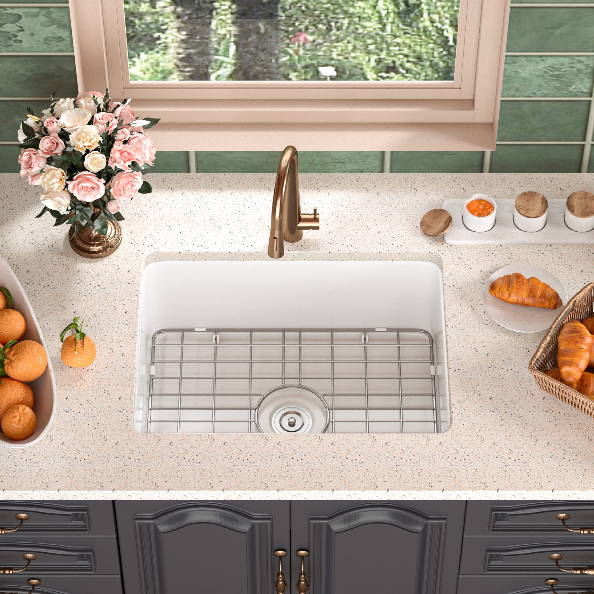 Single Bowl Drop in Kitchen Sink DeerValley DV-1K515 Glen 24" L x 18" W Fireclay Undermount Kitchen Sink White Deep Bowl Sink with Sink Grid and Basket Strainer