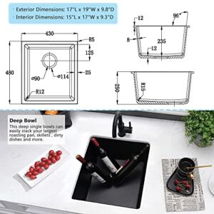 17 Inch Black Bar Sink Undermount - VASOYO 17"x19" Black Undermount Wet Bar Prep Kitchen Sink Dual Mount Granite Undermount Kitchen Sink Single Bowl Quartz Sink Small Bar Sink Rv Sink