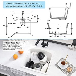 18 Inch Bar Sink Drop In - VASOYO 18"x18" White Drop in Bar Sink Topmount Kitchen Sink Granite Kitchen Sink Single Bowl Rv Kitchen Sink Outdoor Sink with Bottom Grid & Drain