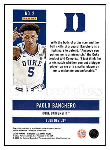 PAOLO BANCHERO RC 2022-23 Panini Chronicles Draft Picks #2 ROOKIE NM+-MT+ NBA Basketball