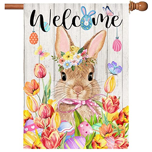 Easter Flag, Easter Flags for Outdoors 28 x 40 Double Sided, Burlap Welcome Easter House Flag with Bunny Eggs Tulips Flowers Spring Farmhouse Signs Banners for Outside Lawn Garden Décor