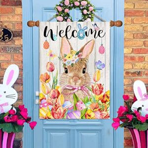 Easter Flag, Easter Flags for Outdoors 28 x 40 Double Sided, Burlap Welcome Easter House Flag with Bunny Eggs Tulips Flowers Spring Farmhouse Signs Banners for Outside Lawn Garden Décor