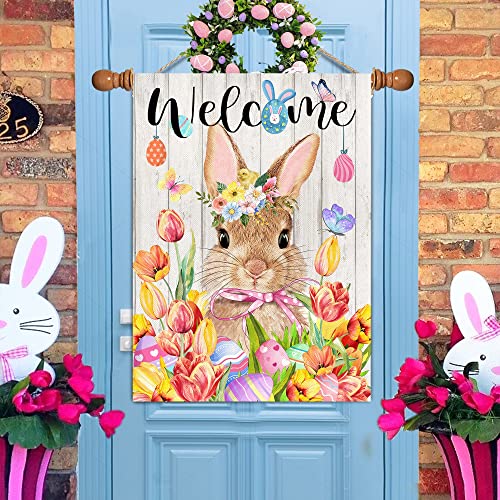 Easter Flag, Easter Flags for Outdoors 28 x 40 Double Sided, Burlap Welcome Easter House Flag with Bunny Eggs Tulips Flowers Spring Farmhouse Signs Banners for Outside Lawn Garden Décor