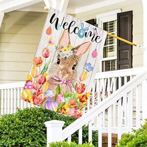 Easter Flag, Easter Flags for Outdoors 28 x 40 Double Sided, Burlap Welcome Easter House Flag with Bunny Eggs Tulips Flowers Spring Farmhouse Signs Banners for Outside Lawn Garden Décor