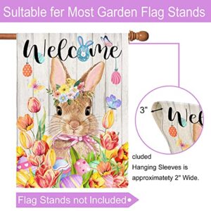 Easter Flag, Easter Flags for Outdoors 28 x 40 Double Sided, Burlap Welcome Easter House Flag with Bunny Eggs Tulips Flowers Spring Farmhouse Signs Banners for Outside Lawn Garden Décor