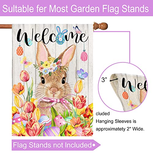 Easter Flag, Easter Flags for Outdoors 28 x 40 Double Sided, Burlap Welcome Easter House Flag with Bunny Eggs Tulips Flowers Spring Farmhouse Signs Banners for Outside Lawn Garden Décor