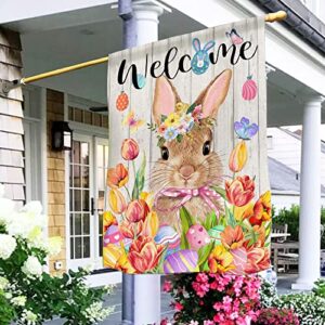 Easter Flag, Easter Flags for Outdoors 28 x 40 Double Sided, Burlap Welcome Easter House Flag with Bunny Eggs Tulips Flowers Spring Farmhouse Signs Banners for Outside Lawn Garden Décor