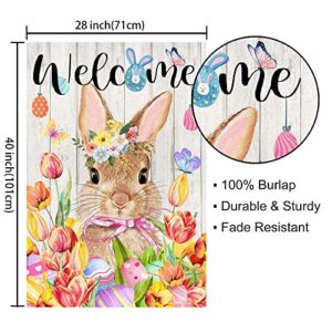 Easter Flag, Easter Flags for Outdoors 28 x 40 Double Sided, Burlap Welcome Easter House Flag with Bunny Eggs Tulips Flowers Spring Farmhouse Signs Banners for Outside Lawn Garden Décor