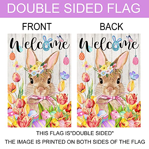 Easter Flag, Easter Flags for Outdoors 28 x 40 Double Sided, Burlap Welcome Easter House Flag with Bunny Eggs Tulips Flowers Spring Farmhouse Signs Banners for Outside Lawn Garden Décor