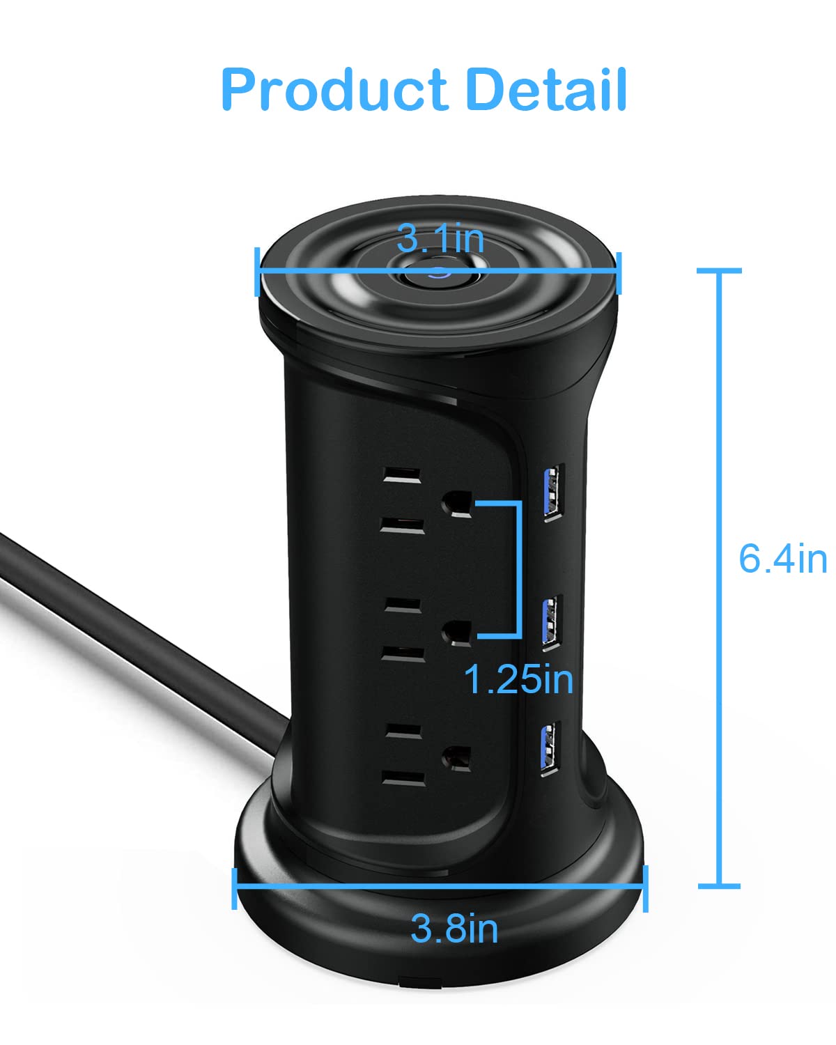 Meeoueoiu Tower Power Strip with 12-Outlet,3 USB-A Ports.Desk Power Strip Tower 1875 Watts 15 Amp,6.5-FT Flat Plug Extension Cord Tower for Home,Office,Cruise Ship