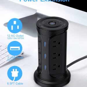 Meeoueoiu Tower Power Strip with 12-Outlet,3 USB-A Ports.Desk Power Strip Tower 1875 Watts 15 Amp,6.5-FT Flat Plug Extension Cord Tower for Home,Office,Cruise Ship