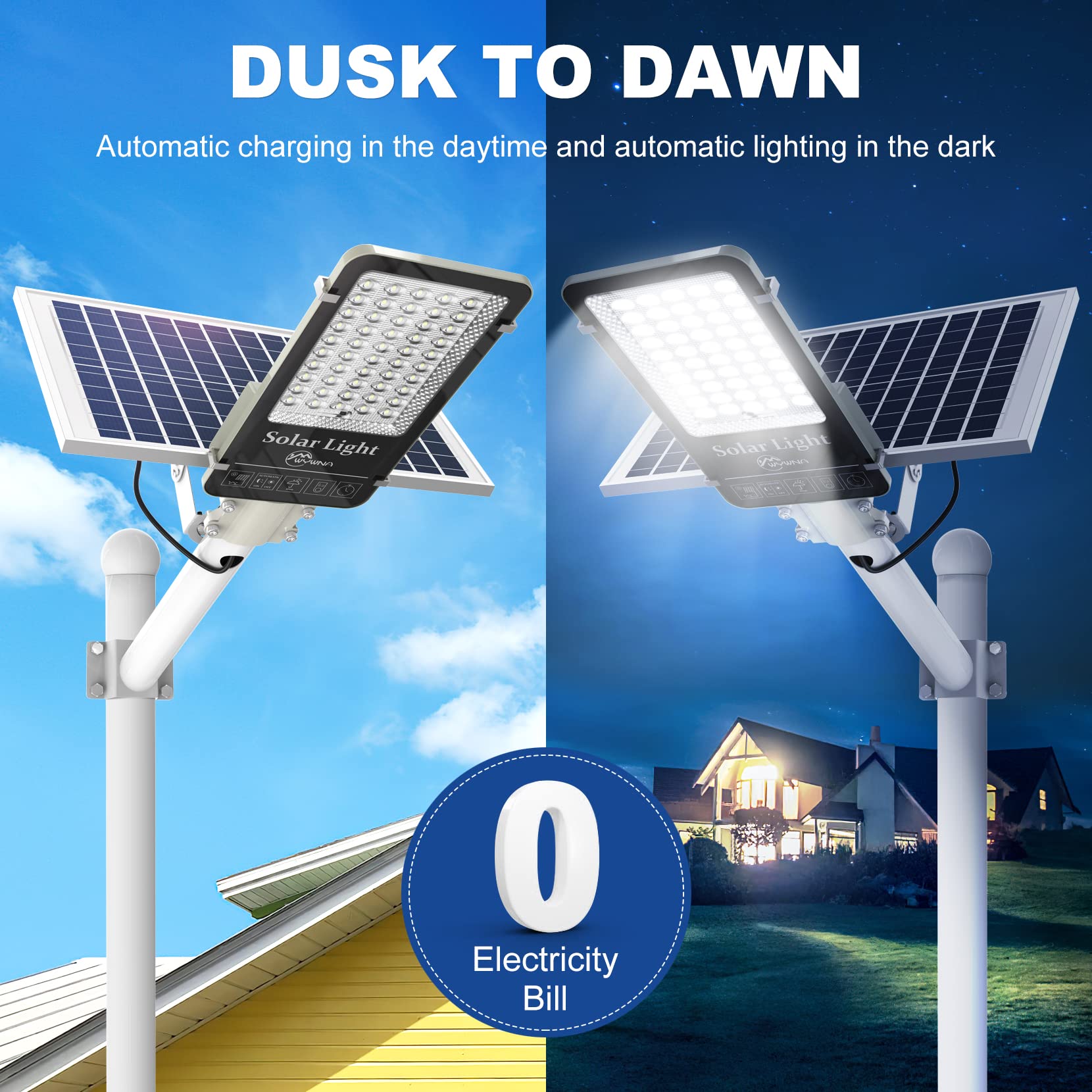 WYWNA Solar Street Light Solar Street Lights Outdoor Waterproof Solar Powered Led Street Light Dusk to Dawn Super Bright Commercial Solar Parking Lot Lights for Yard/Garden/Stadium (1, 1200W)