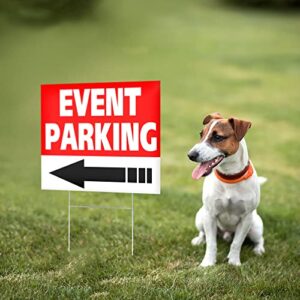 4 PC Event Parking Signs with Arrows - 16 x 12 Double Sided Coroplast Parking Signs for Event - Wedding Parking Signs with Stake - Event Parking Sign Red