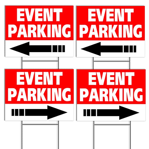 4 PC Event Parking Signs with Arrows - 16 x 12 Double Sided Coroplast Parking Signs for Event - Wedding Parking Signs with Stake - Event Parking Sign Red