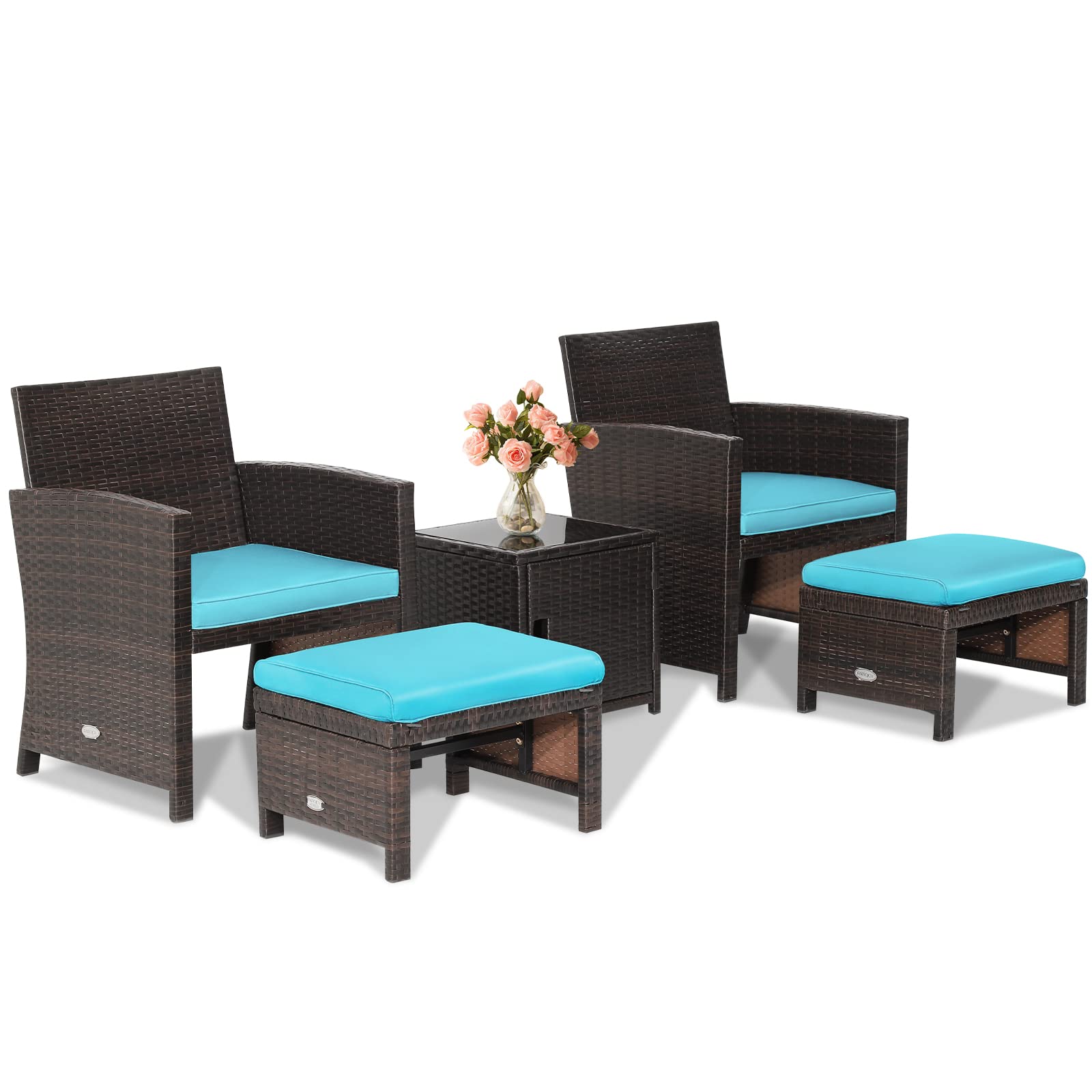 Tangkula 5 Pieces Wicker Patio Furniture Set, Patiojoy Conversation Chair and Ottoman Set with Single-Door Storage Coffee Table and Cushions, Outdoor Lounge Chair Chat Set, Space-Saving (Turquoise)