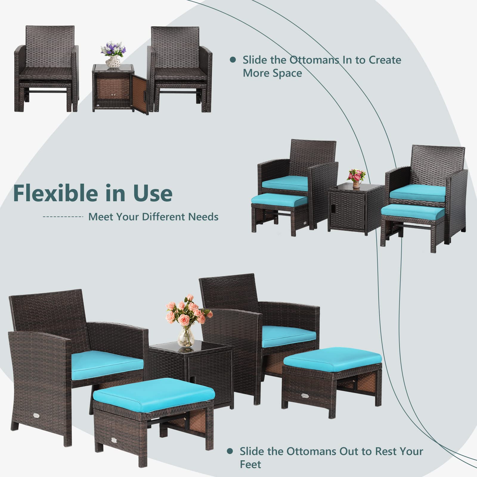 Tangkula 5 Pieces Wicker Patio Furniture Set, Patiojoy Conversation Chair and Ottoman Set with Single-Door Storage Coffee Table and Cushions, Outdoor Lounge Chair Chat Set, Space-Saving (Turquoise)