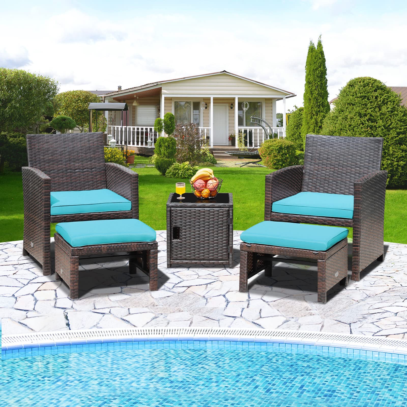 Tangkula 5 Pieces Wicker Patio Furniture Set, Patiojoy Conversation Chair and Ottoman Set with Single-Door Storage Coffee Table and Cushions, Outdoor Lounge Chair Chat Set, Space-Saving (Turquoise)