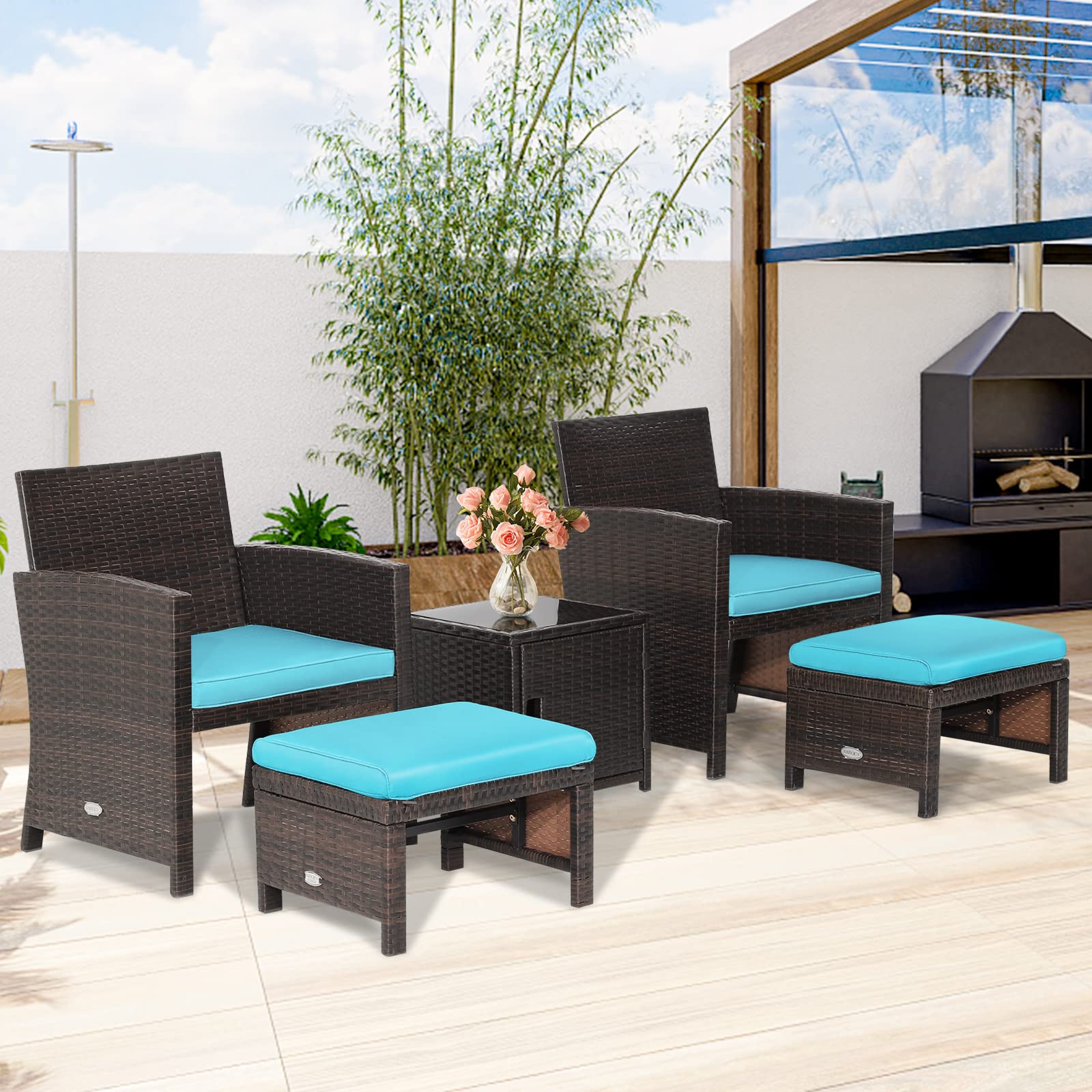 Tangkula 5 Pieces Wicker Patio Furniture Set, Patiojoy Conversation Chair and Ottoman Set with Single-Door Storage Coffee Table and Cushions, Outdoor Lounge Chair Chat Set, Space-Saving (Turquoise)