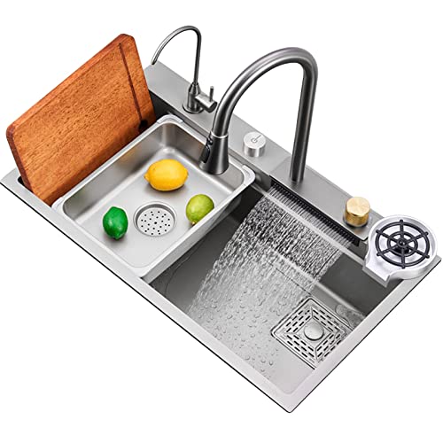 Kitchen Sink Stainless Steel Flying rain Waterfall Sink Household Sink, Dishwasher Single Sink Workstation Kitchen Sink bar Sink with Pull-Out tap, Chopping Board, Cup Washer (Color : Grey, Size : 8