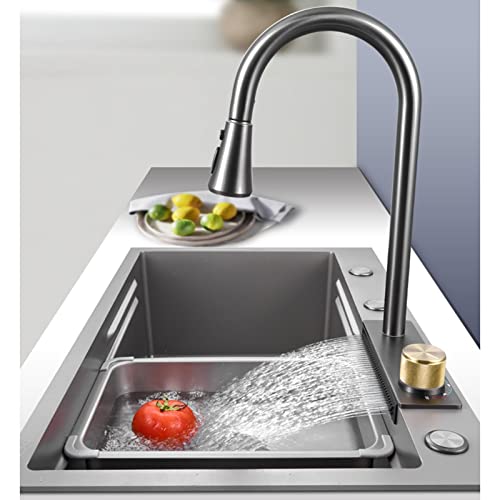 Kitchen Sink Stainless Steel Flying rain Waterfall Sink Household Sink, Dishwasher Single Sink Workstation Kitchen Sink bar Sink with Pull-Out tap, Chopping Board, Cup Washer (Color : Grey, Size : 8