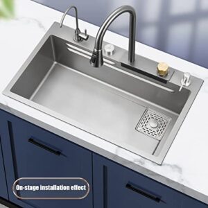 Kitchen Sink Stainless Steel Flying rain Waterfall Sink Household Sink, Dishwasher Single Sink Workstation Kitchen Sink bar Sink with Pull-Out tap, Chopping Board, Cup Washer (Color : Grey, Size : 8