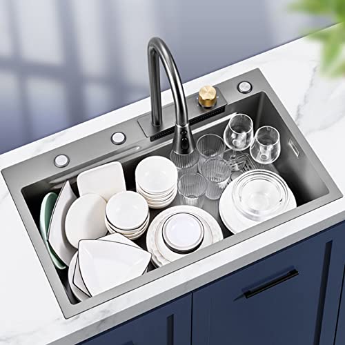 Kitchen Sink Stainless Steel Flying rain Waterfall Sink Household Sink, Dishwasher Single Sink Workstation Kitchen Sink bar Sink with Pull-Out tap, Chopping Board, Cup Washer (Color : Grey, Size : 8