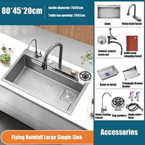 Kitchen Sink Stainless Steel Flying rain Waterfall Sink Household Sink, Dishwasher Single Sink Workstation Kitchen Sink bar Sink with Pull-Out tap, Chopping Board, Cup Washer (Color : Grey, Size : 8