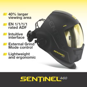 ESAB® Sentinel™ A60 Welding Helmet, Black Low-Profile Design, High Impact Resistance Nylon, Large Viewing Area 4.65 in x 2.80 in