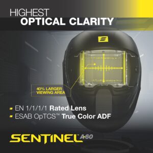 ESAB® Sentinel™ A60 Welding Helmet, Black Low-Profile Design, High Impact Resistance Nylon, Large Viewing Area 4.65 in x 2.80 in