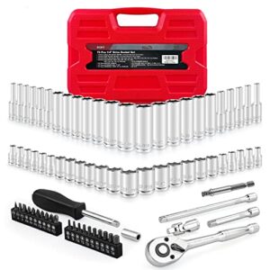 eaceliy 75pcs 1/4" drive impact socket set, master socket set,wrench set with 1/4" bit adapter, universal joint, ratchet, 1/4 "drive bit set extension (5/32" - 9/16 ", 4-14mm)