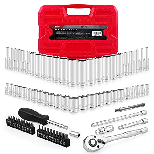 EACELIY 75pcs 1/4" Drive Impact Socket Set, Master Socket Set,Wrench Set with 1/4" Bit Adapter, Universal Joint, Ratchet, 1/4 "Drive Bit Set Extension (5/32" - 9/16 ", 4-14mm)