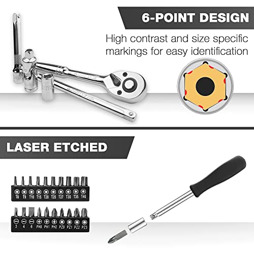 EACELIY 75pcs 1/4" Drive Impact Socket Set, Master Socket Set,Wrench Set with 1/4" Bit Adapter, Universal Joint, Ratchet, 1/4 "Drive Bit Set Extension (5/32" - 9/16 ", 4-14mm)